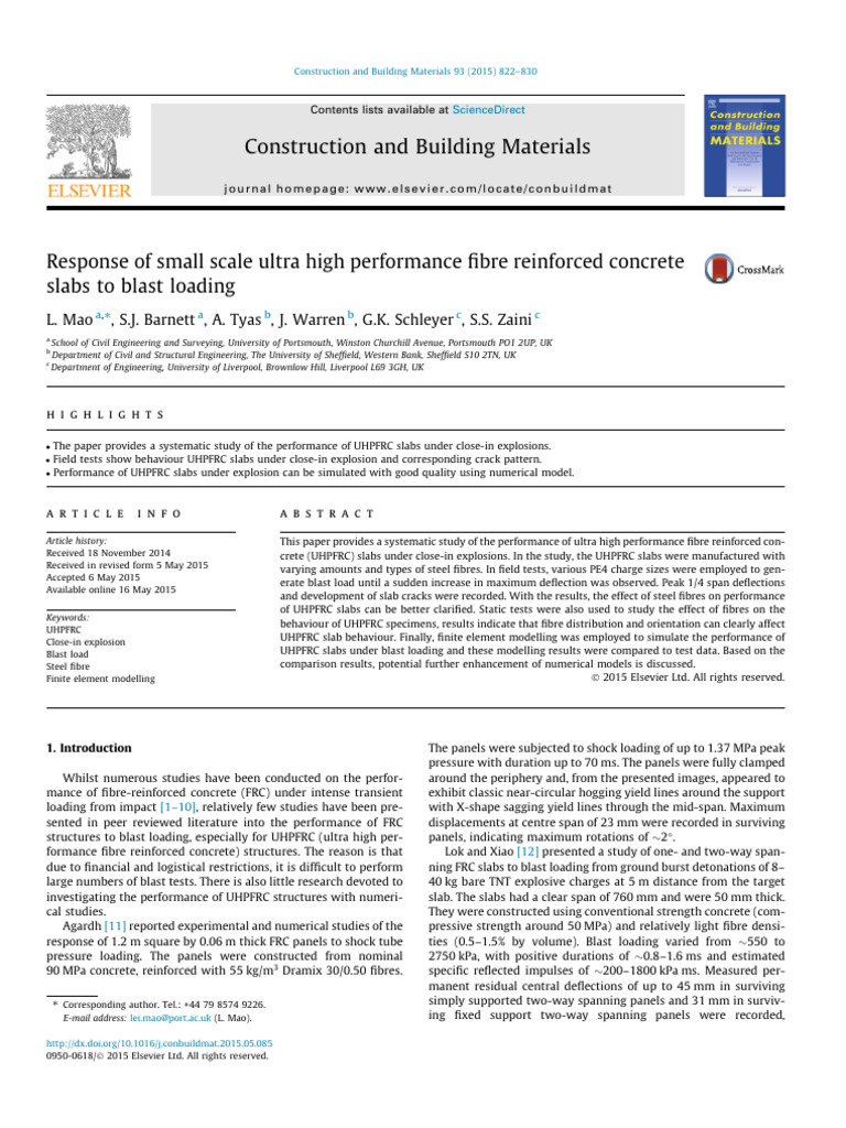 Response Of Small Scale Ultra High Performance Fibre Reinforced Concrete Slabs To Blast Loading