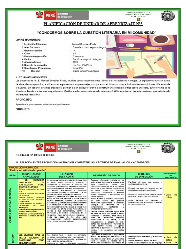 Unidad 3 y 4- Quinto Grado | PDF | Ensayos | Lengua española