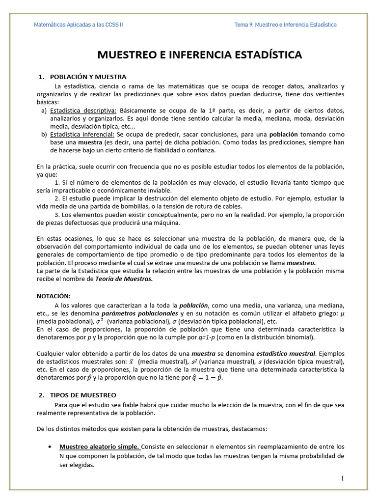 Tema 9 - Muestreo e Inferencia Estad-Stica Ccss | PDF | Muestreo (Estadísticas) | Media