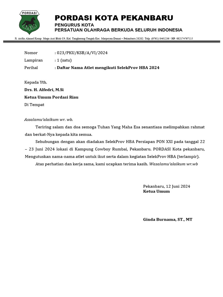 023 - Surat Pengantar Selekprov Hba Pordasi Juni 2024 | PDF