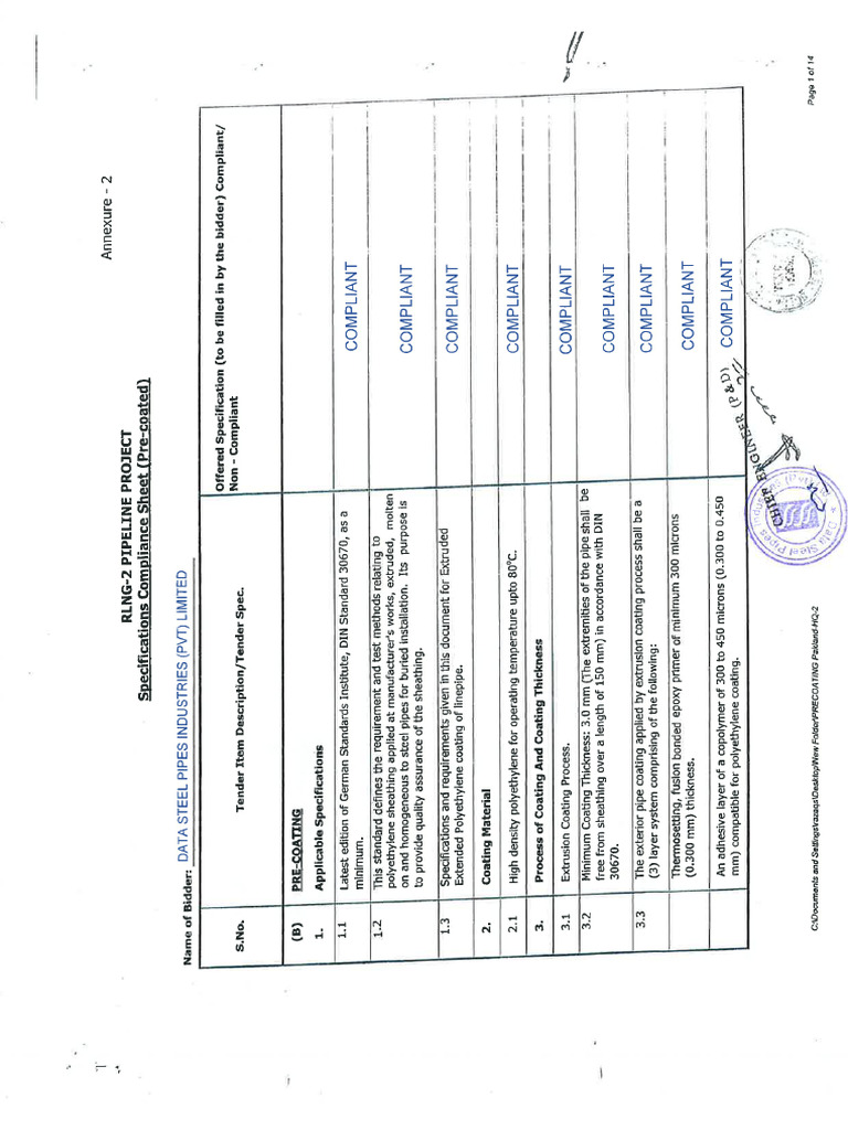 Specification Compliance Sheet - Coating - Signed | PDF Specification Compliance Sheet - Coating - Signed | PDF
