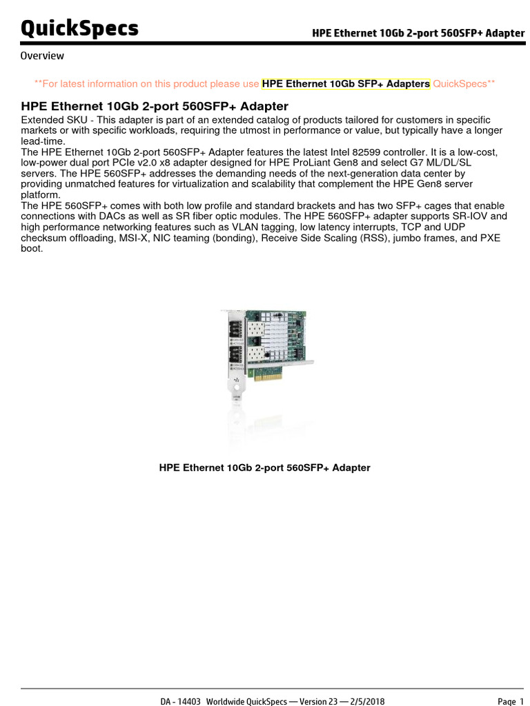 HPE Ethernet 10Gb 2-Port 560SFP+ Adapter | PDF | Network Interface ...