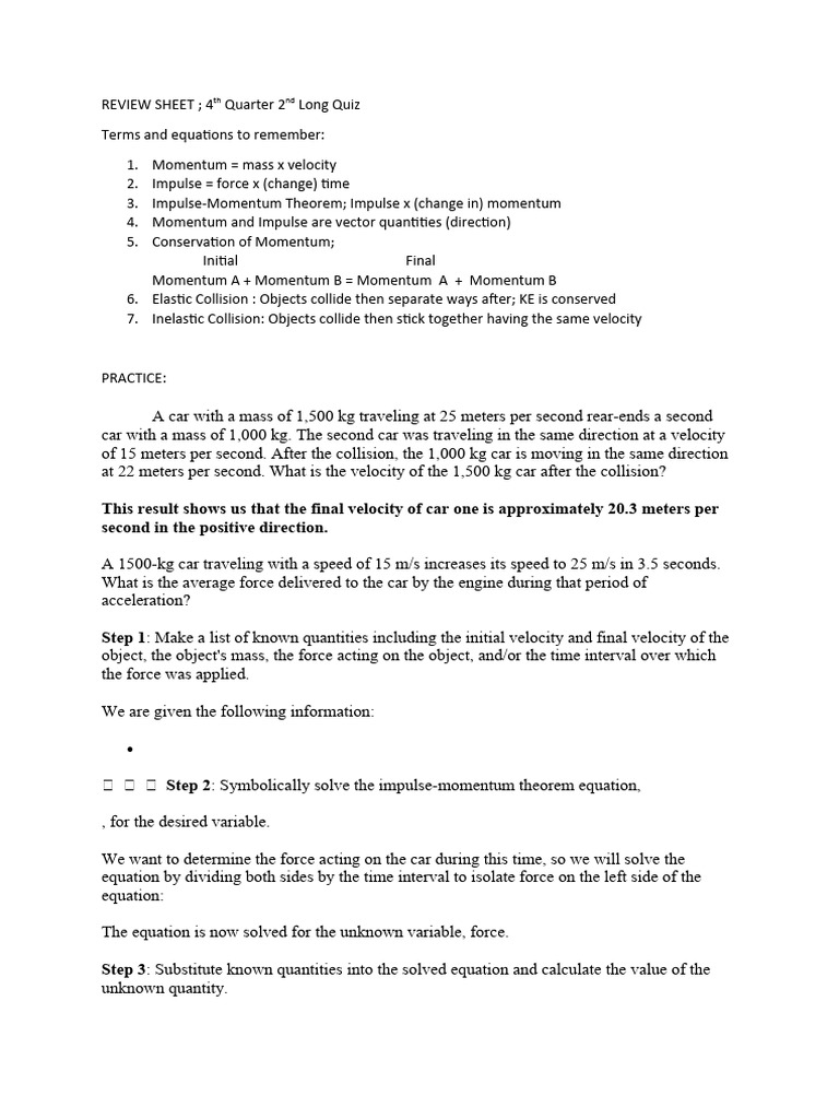 Review Sheet 2nd Long Quiz Pdf Momentum Force