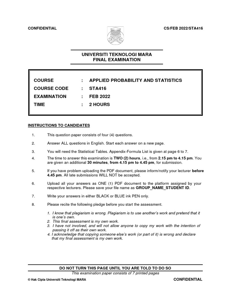 STA416 Final Exam: Probability & Statistics | PDF | Standard Deviation | Mean