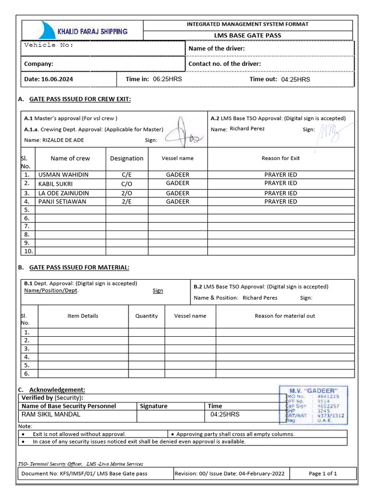 LMS Base Gate Pass Format Document | PDF