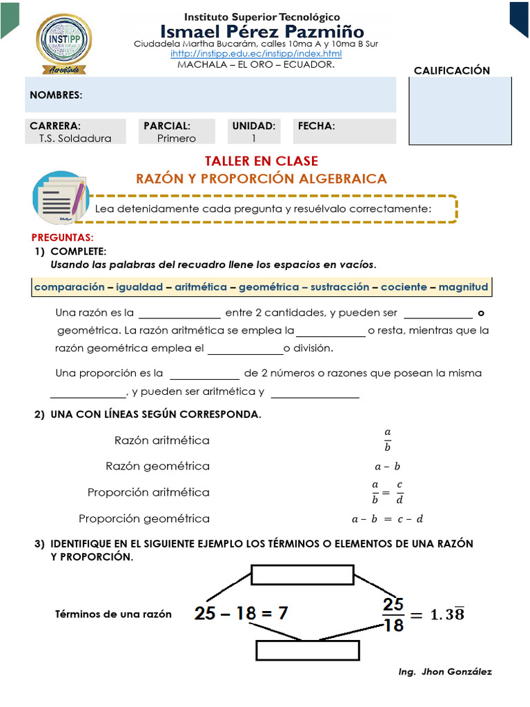 Taller - Razón y Proporción | PDF | Proporción | Aritmética
