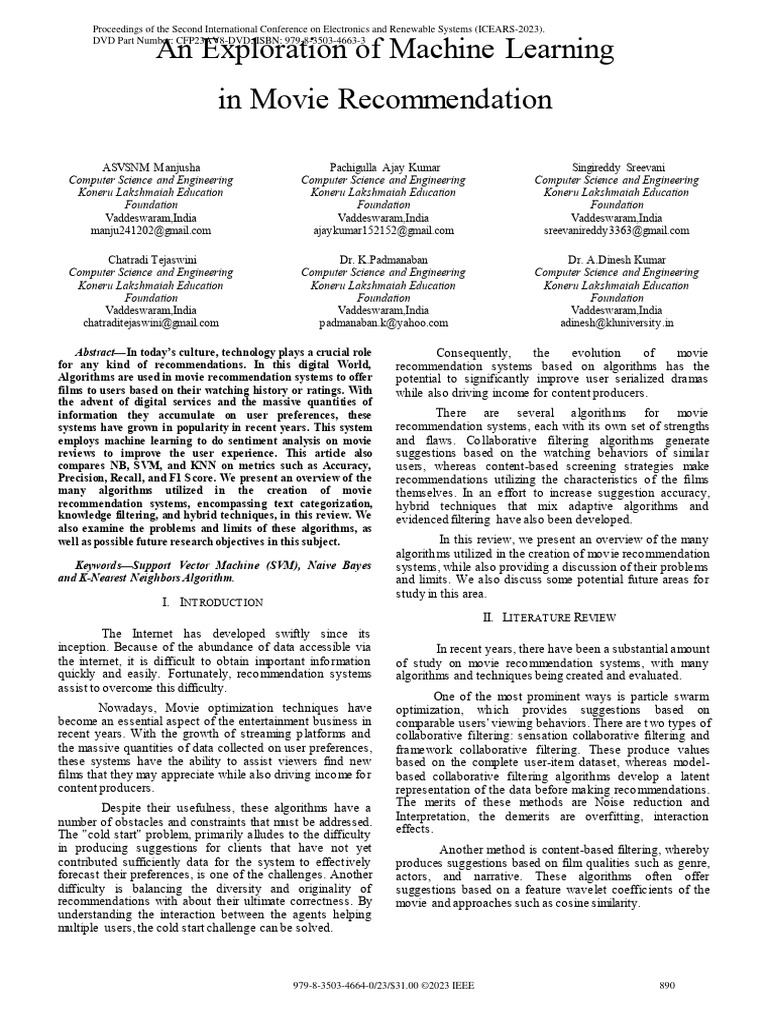 An Exploration of Machine Learning in Movie Recommendation | PDF ...