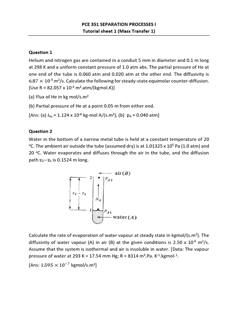 Tutorial 1 Problems | PDF | Diffusion | Pressure