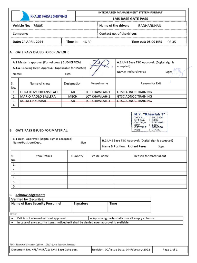 1LMS Base Gate Pass LCT Khawlah 24.04.2024-AB, MECH | PDF | Technology & Engineering