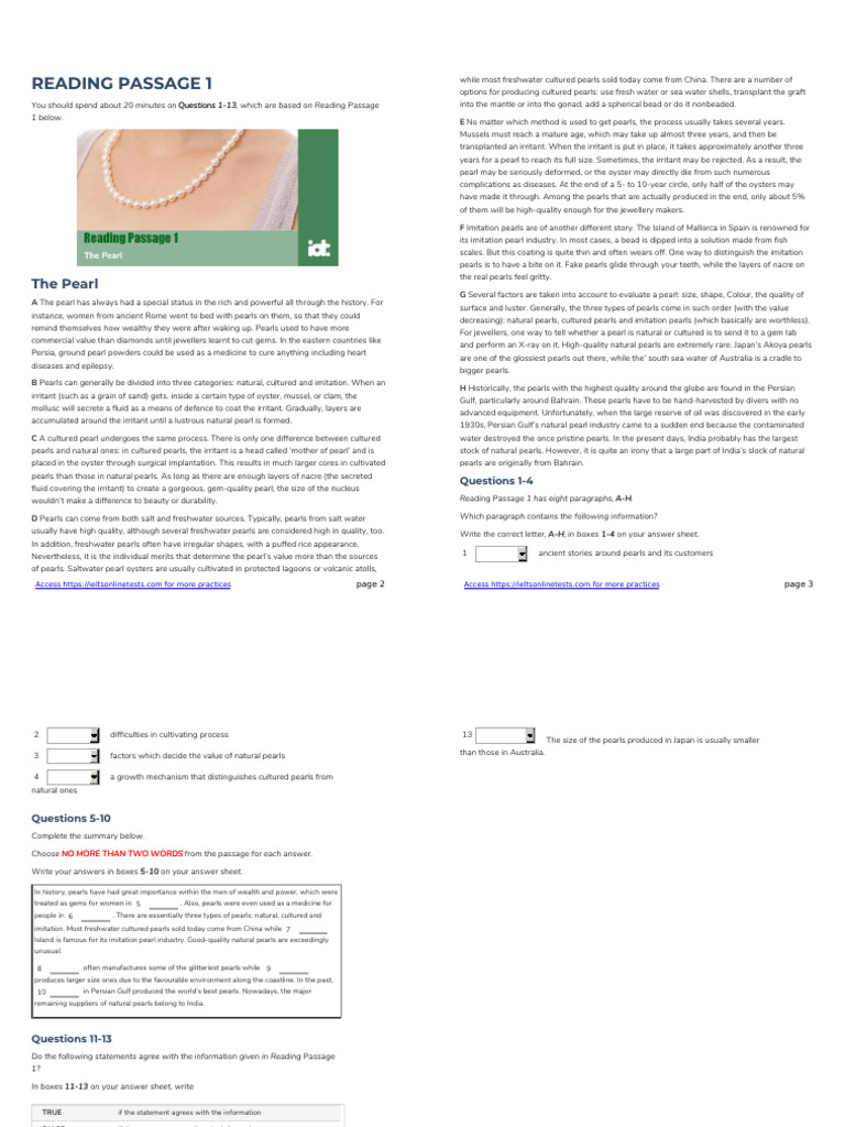 Reading Passage 1: The Pearl | PDF | Pearl | Car