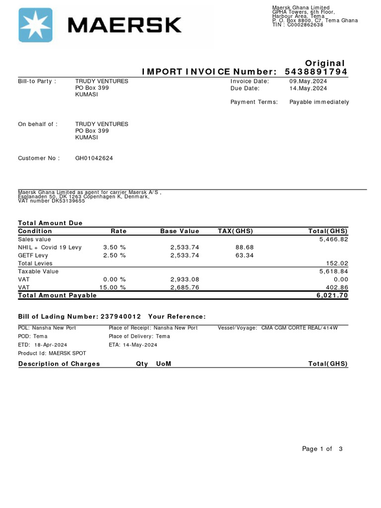 Original IMPORT INVOICE Number: 5438891794: Total Amount Due Condition ...