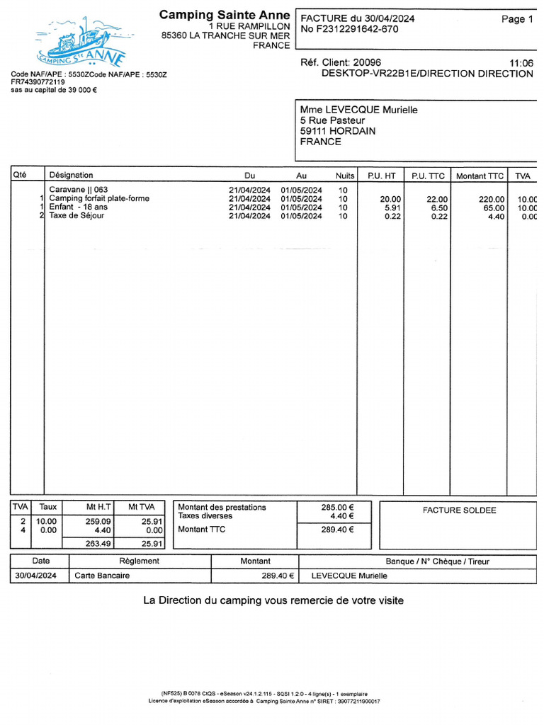 Facture Vacances 2024 | PDF