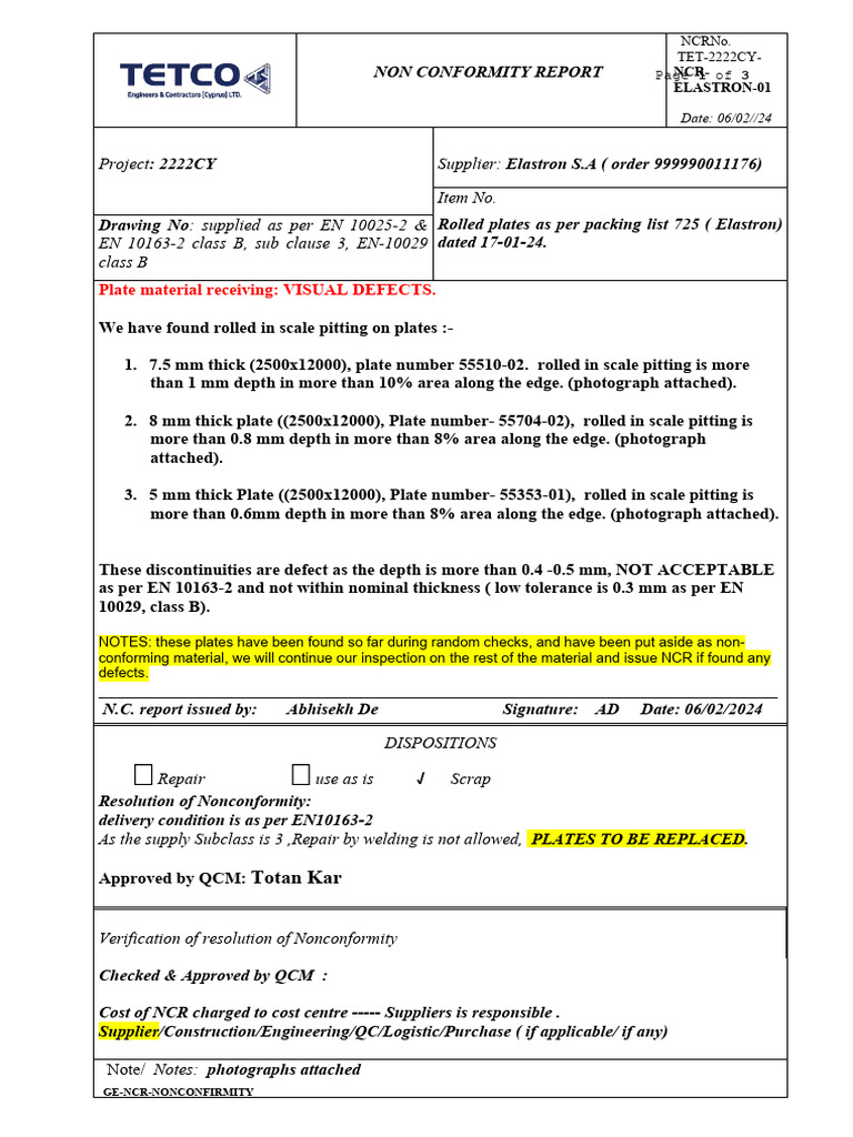 NCR - 01-Rolling Visual Defects As Per en | PDF | Mechanical Engineering
