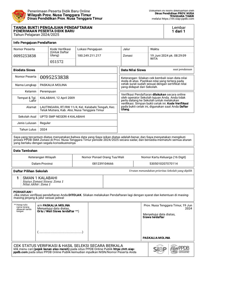 Tanda Bukti Pengajuan Pendaftaran - 0095253838 - PASKALIA MOLINA | PDF