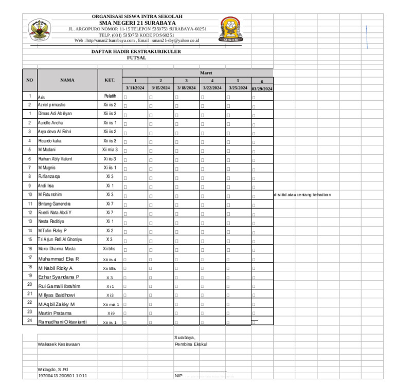 Daftar Hadir Ekstrakurikuler Futsal SMA 21 | PDF