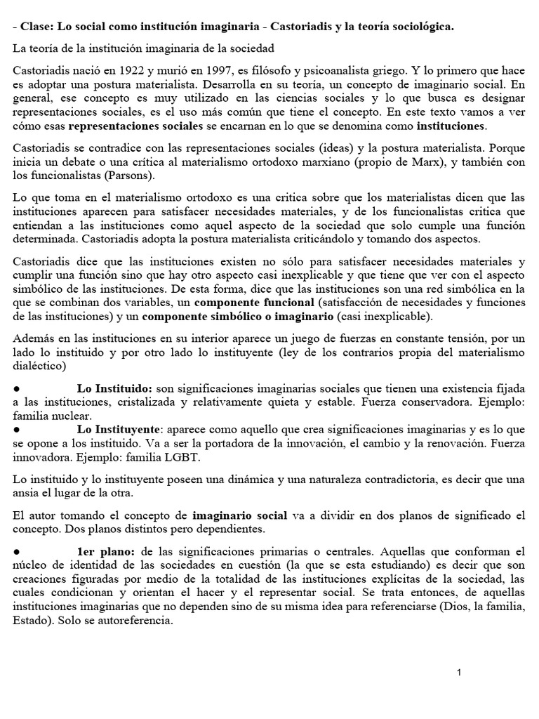 Clase Lo Social Como Institución Imaginaria - Castoriadis y La Teoría ...