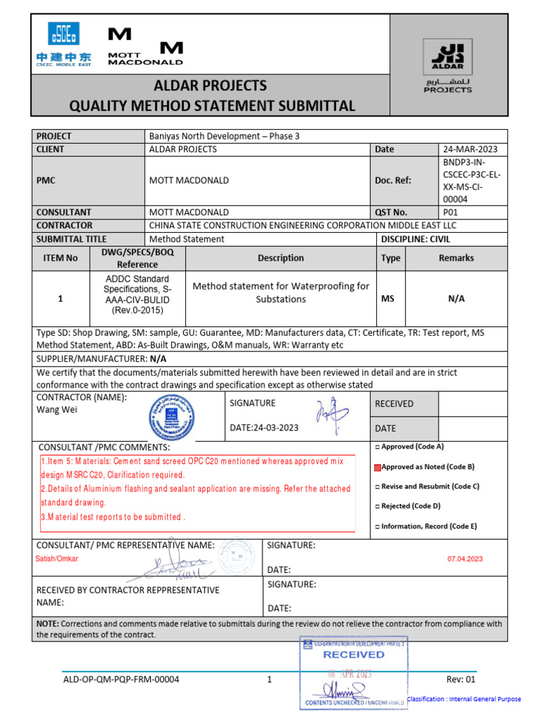 Waterproofing Method Statement Submission | PDF | Specification ...