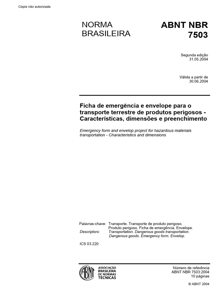 ABNT - 7503 Ficha de Emergência e Envelope de Transporte | PDF ...