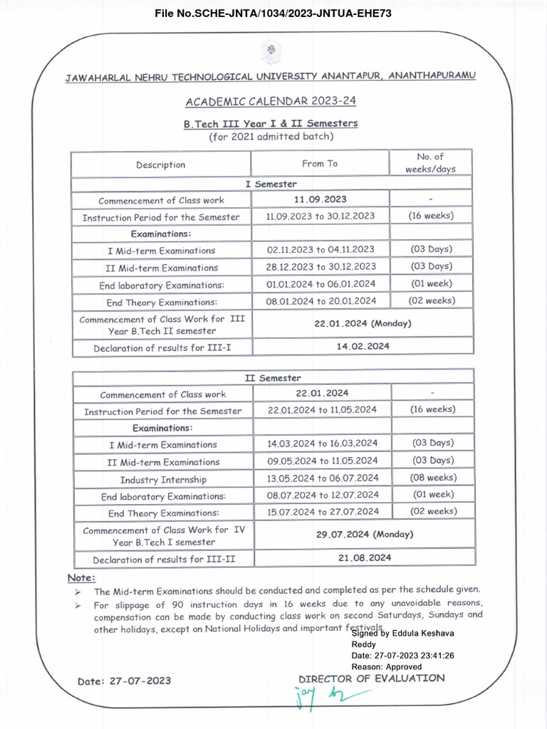 B.tech III Yr Academic Calendar For AY 2023 24 | PDF