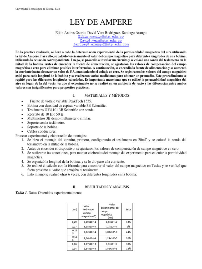Informe Ley de Ampere | Descargar gratis PDF | Inductor | Ciencia de los Materiales