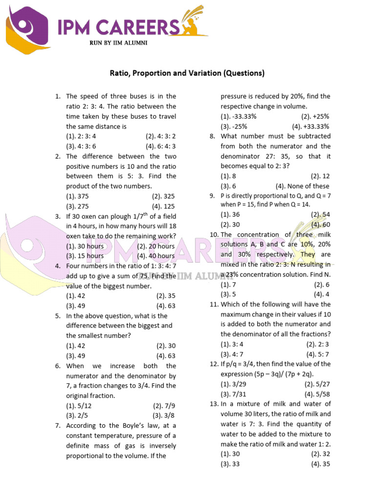Ratio and Proportion Practice Questions | PDF