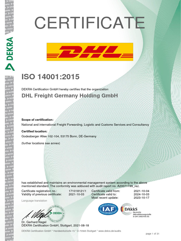 DHL Freight ISO 14001 Certification | PDF | Transport | Business
