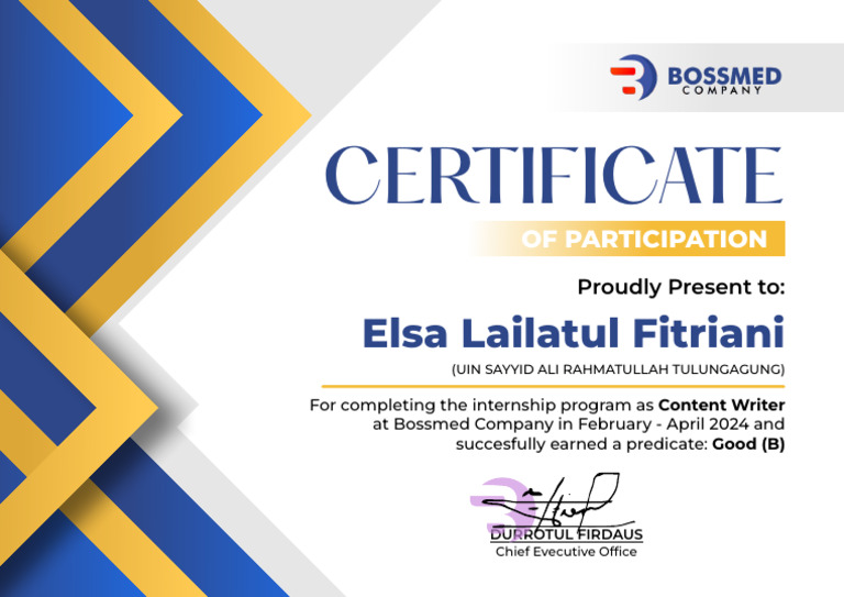 INTERNSHIP CERTIFICATE - Elsa Lailatul Fitriani | PDF | Career & Growth ...