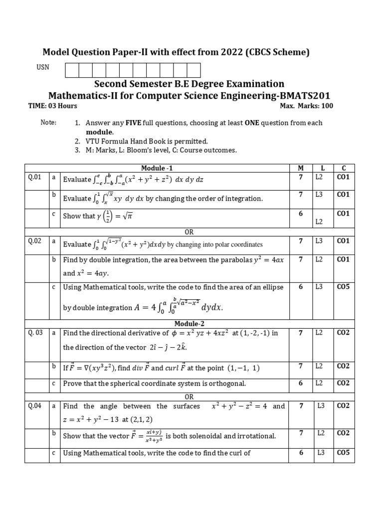 MODEL - QP02 - BMATS201 For COMPUTER SCIENCE STREAM | PDF | Linear ...