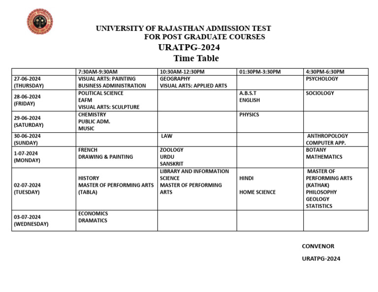 Time Table-URATPG 2024 | PDF