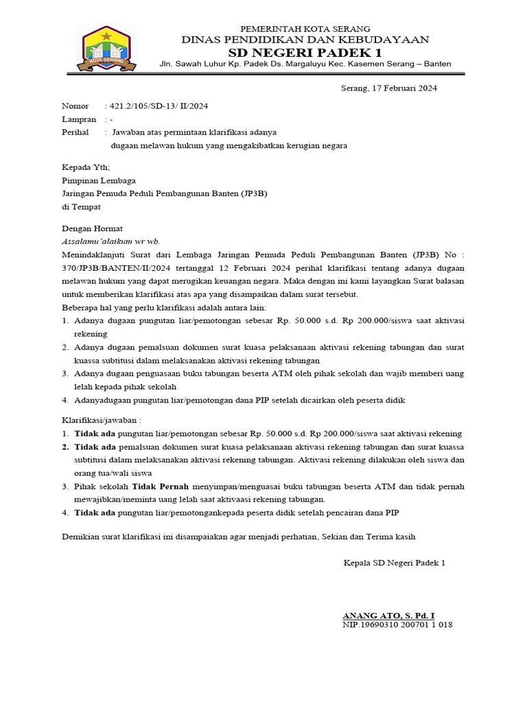 SURAT BALASAN KLARIFIKASI LSM PIP Padek 1 | PDF