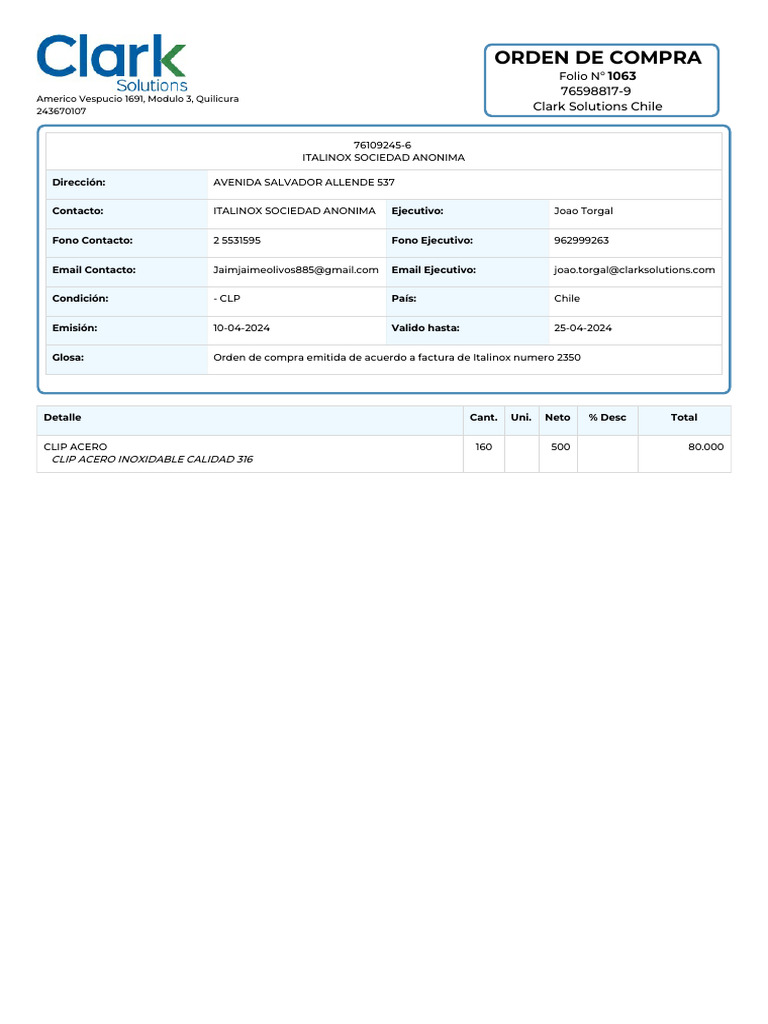 Oc1063 Italinox Sociedad Anonima | PDF
