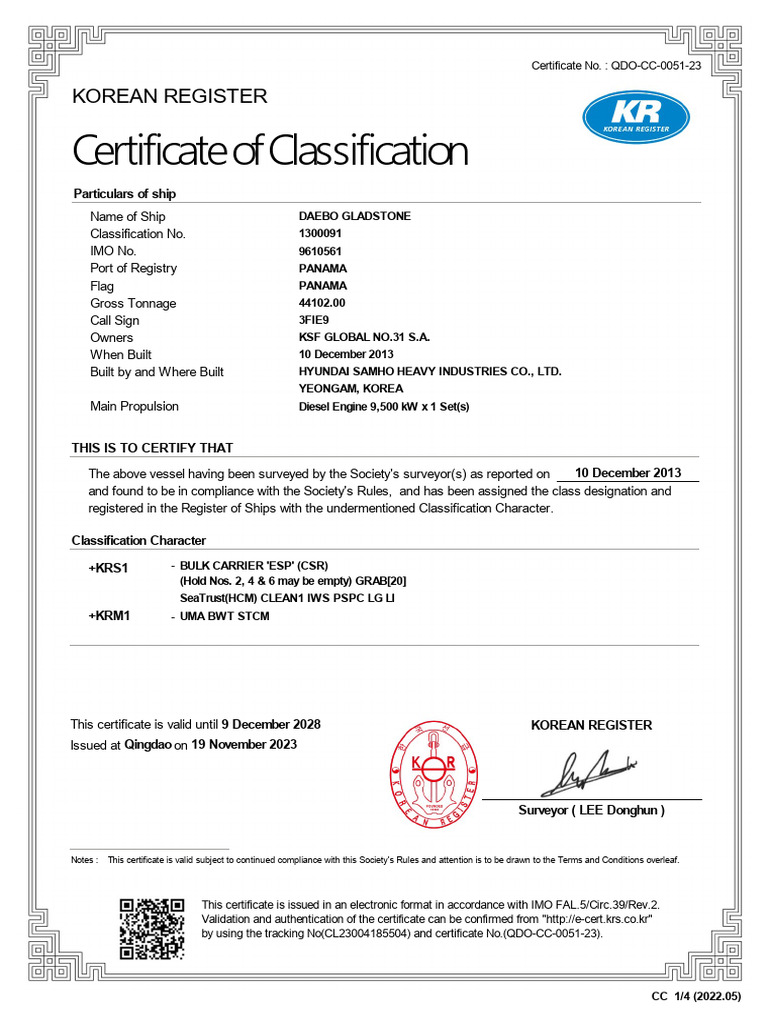 Korean Register Classification Certificate | PDF | Ships | Shipping