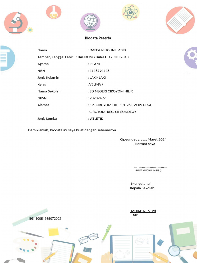 Biodata - Peserta - Dan - Surat - Ijin - Orangtua - SD CIROYOM | PDF