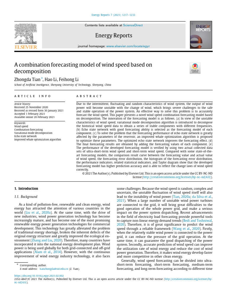 A Combination Forecasting Model Of Wind Speed Based On Deco 2021 Energy