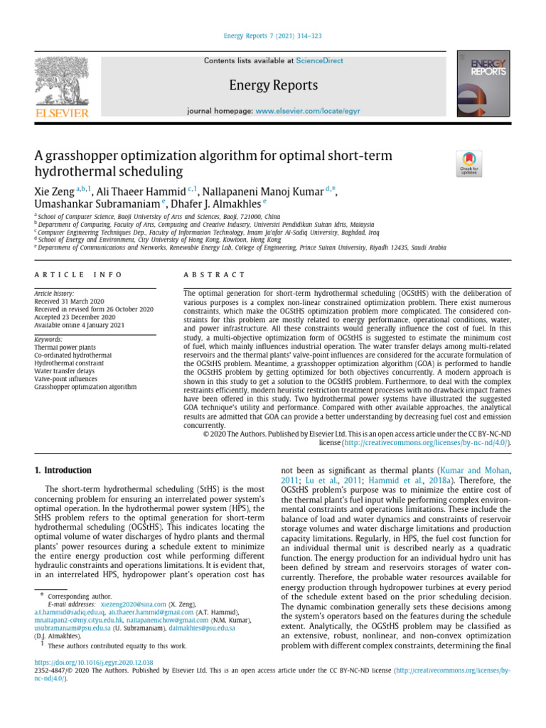 A Grasshopper Optimization Algorithm For Optimal Short Term - 2021 ...
