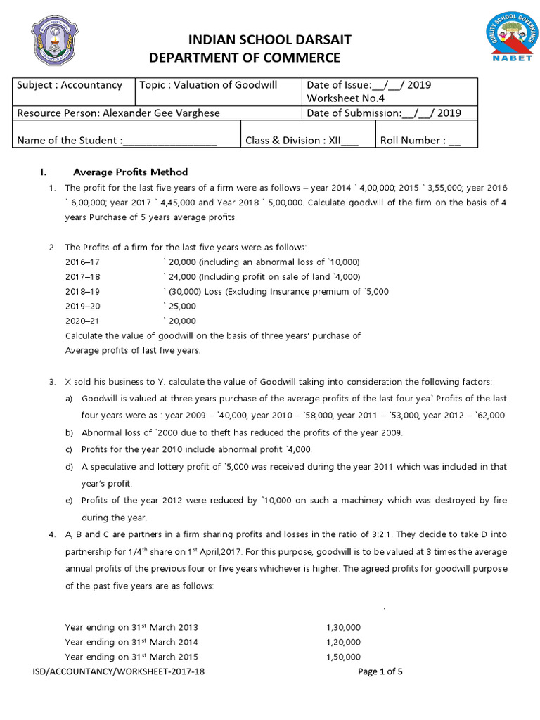 Goodwill Valuation Worksheet for Accountancy | PDF | Goodwill ...