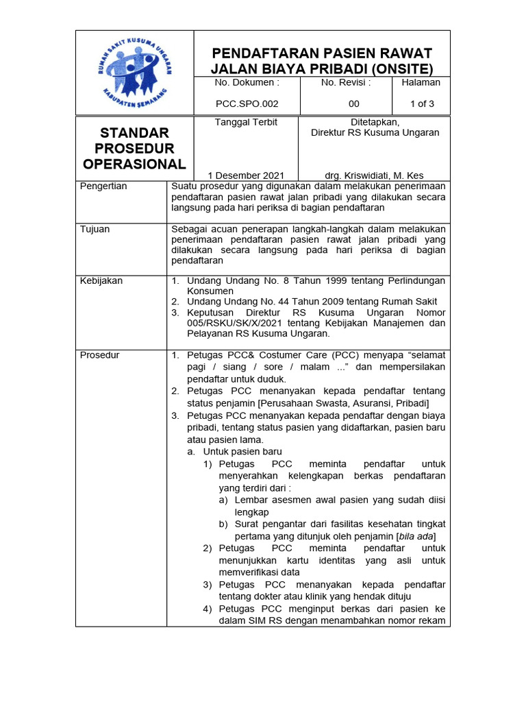 PCC - Spo.002 - Pendaftaran Pasien Rawat Jalan Pribadi | PDF | Pengelolaan Keuangan & Uang