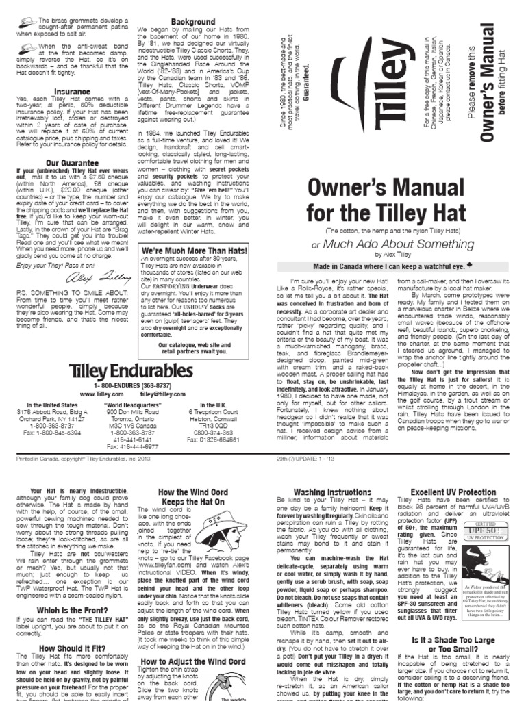 Tilley Hat Manual | PDF | Ultraviolet | Hat