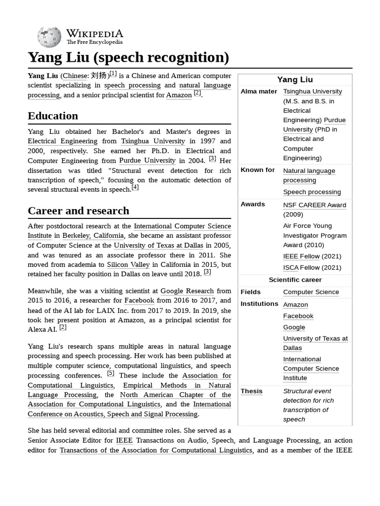 Yang Liu (Speech Recognition) | PDF | Human Communication | Cognitive ...