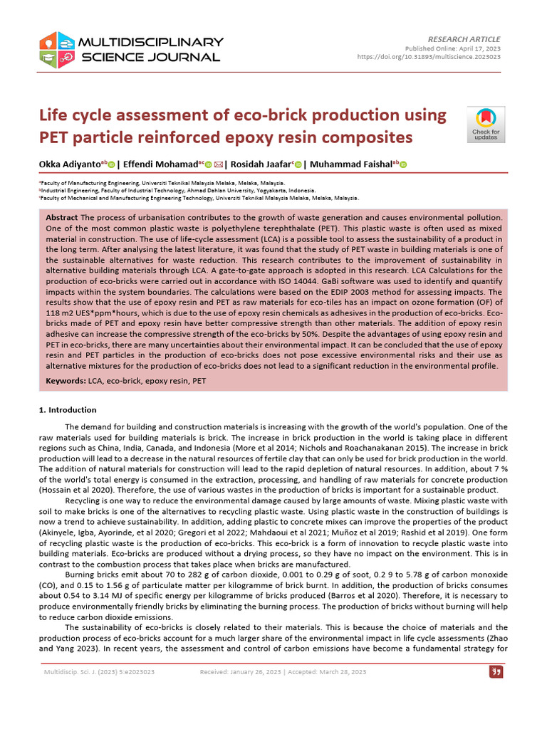 Life Cycle Assessment of Ecobrick Production Using PET Particle ...