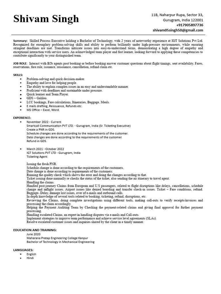 Process Executive Resume - Shivam Singh | PDF