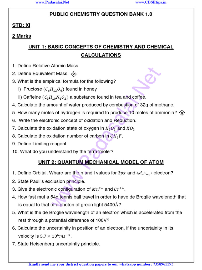 11th Chemistry Unit Wise Important 2 Mark Questions English Medium PDF Download | PDF | Chemical ...