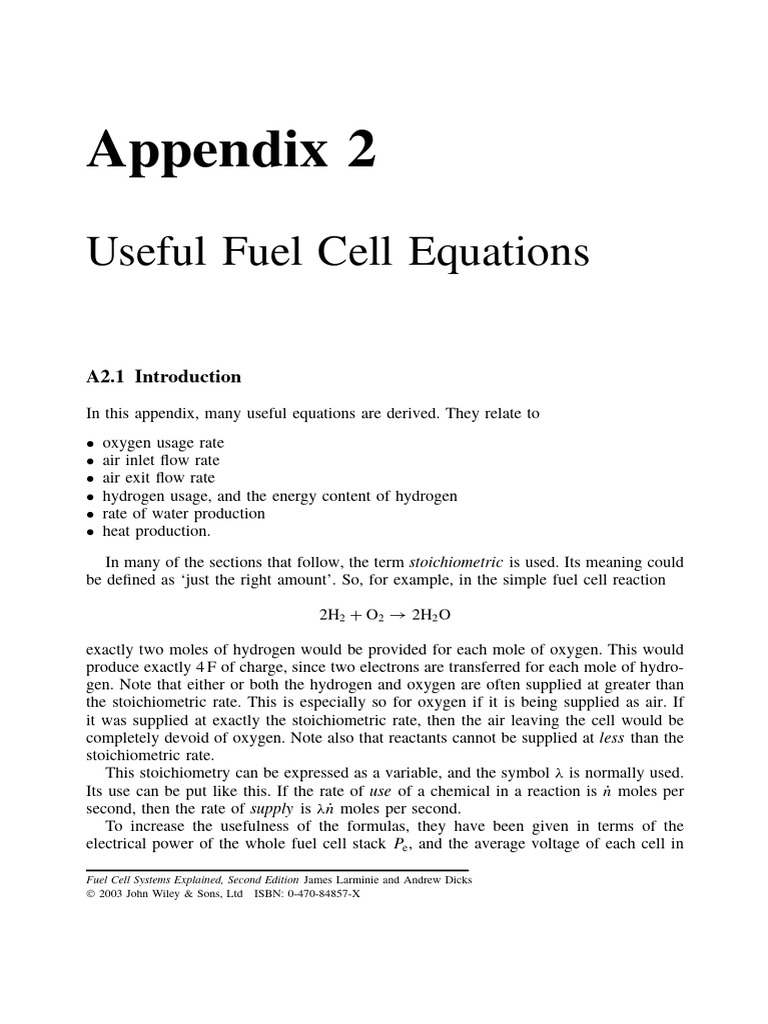Fuel Cell Systems Explained - 2003 - Larminie - Appendix 2 Useful Fuel Cell Equations | PDF ...