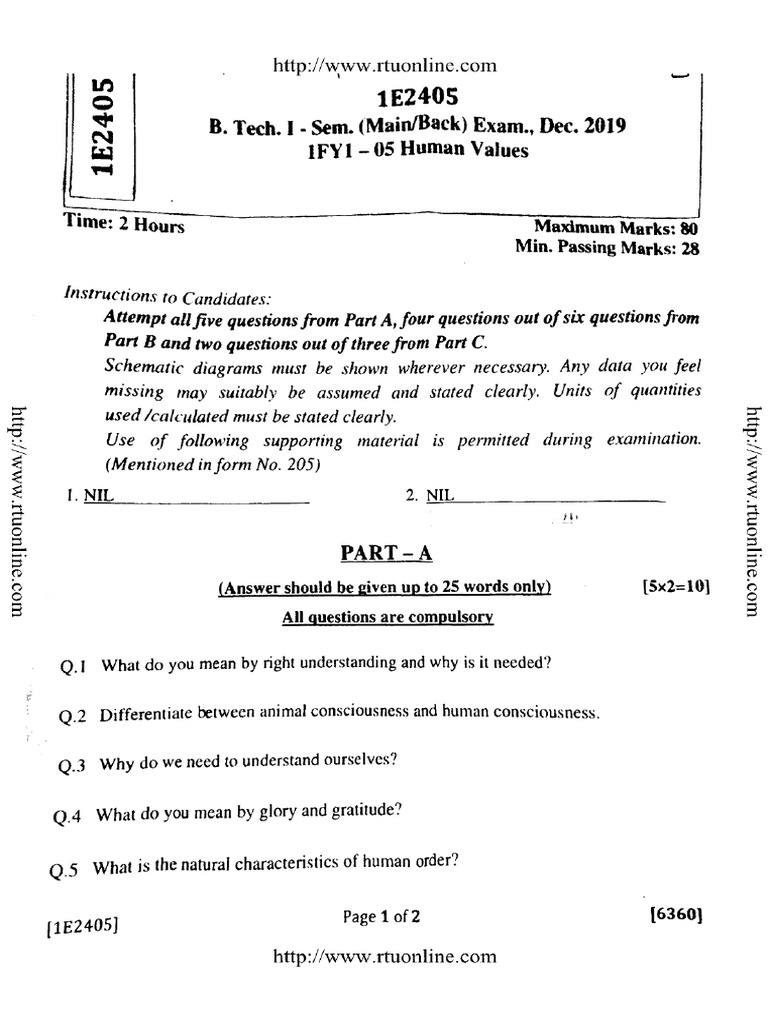 Btech 1 Sem Human Values 1e2405 Dec 2019 | PDF