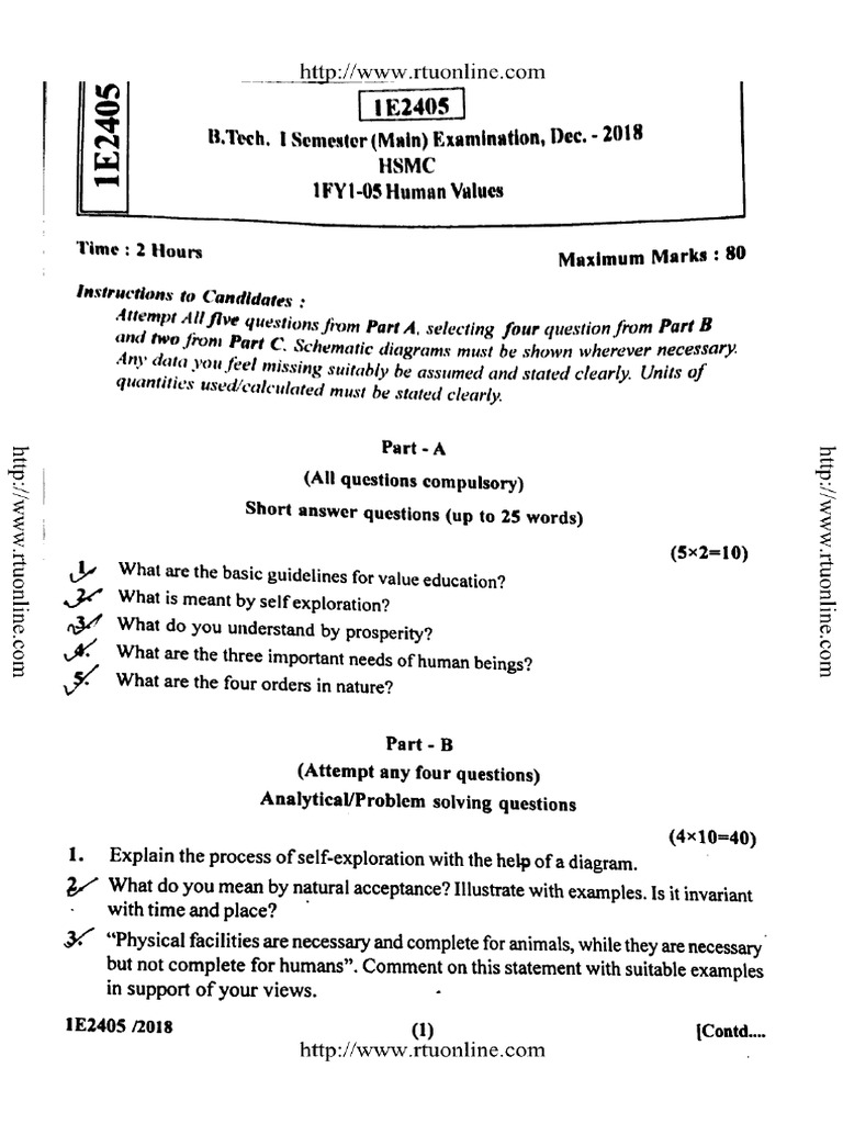 Btech 1 Sem Human Values 1e2405 Dec 2018 | PDF