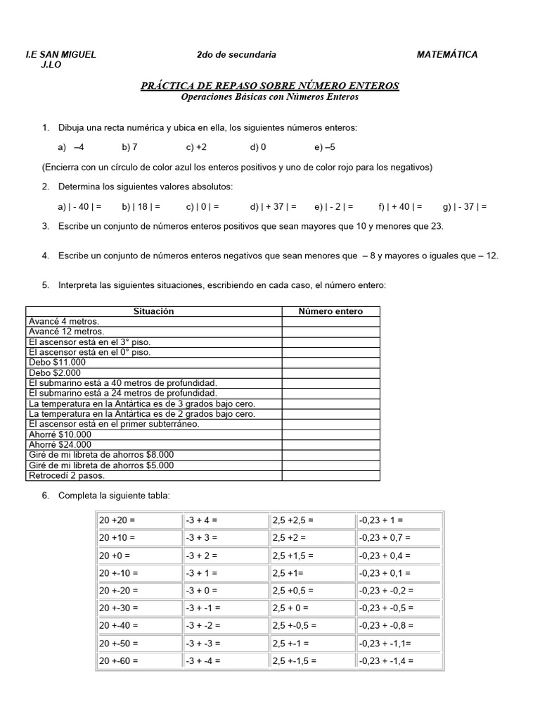 Repaso de Operaciones con Números Enteros | PDF | Entero