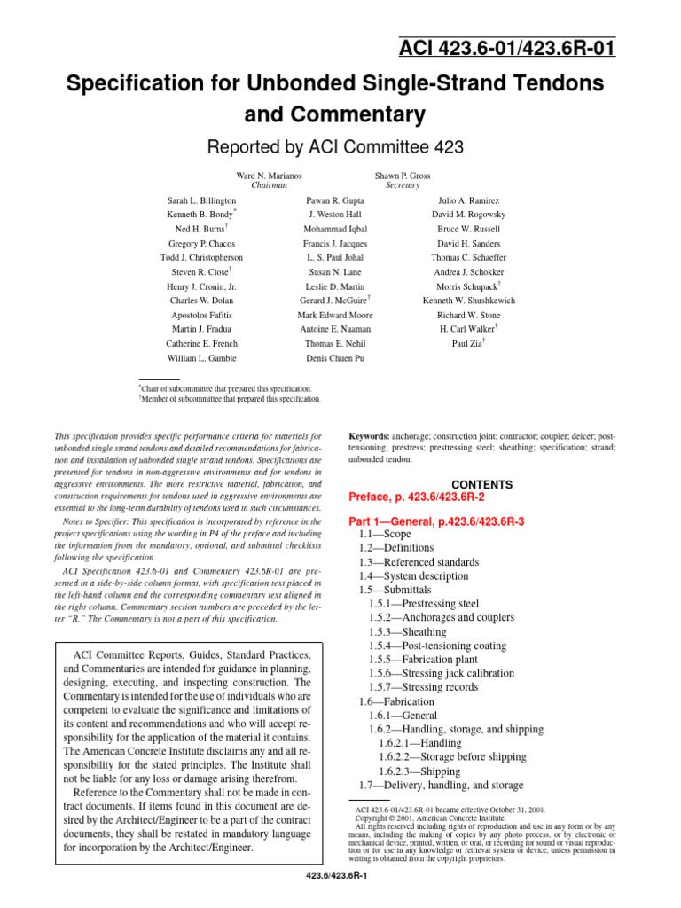 Specification For Unbonded Single Strand Tendons And Commentary PDF