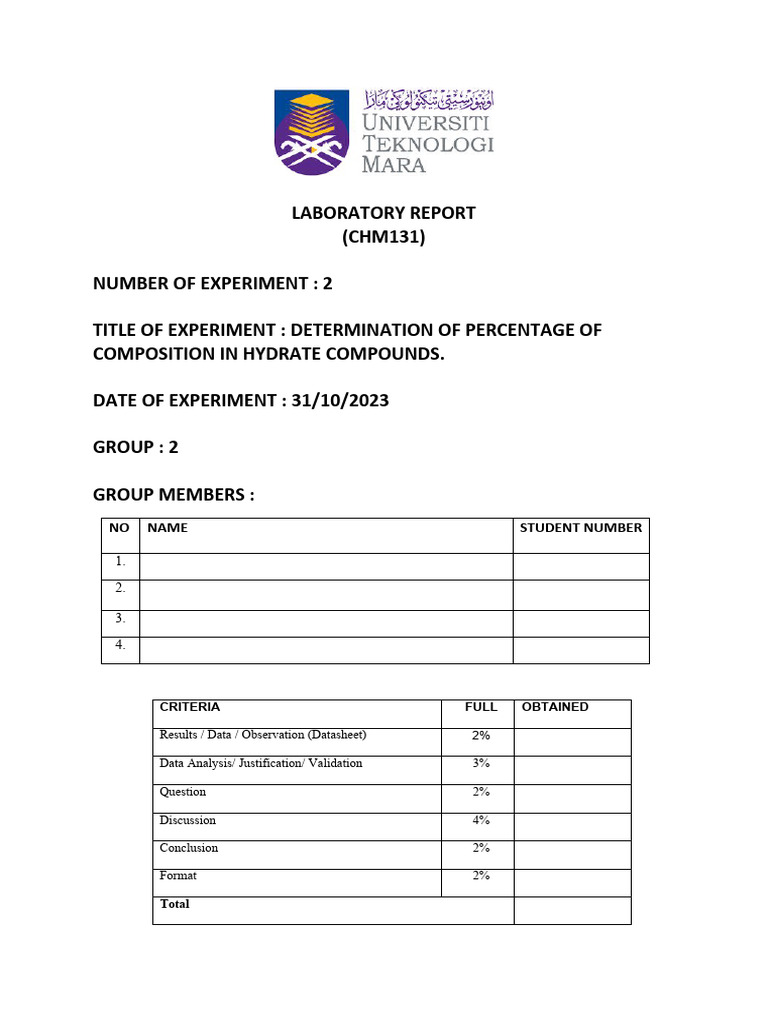LABORATORY REPORT EXPERIMENT 2 CHM131 | Download Free PDF | Chemical Compounds | Physical Sciences