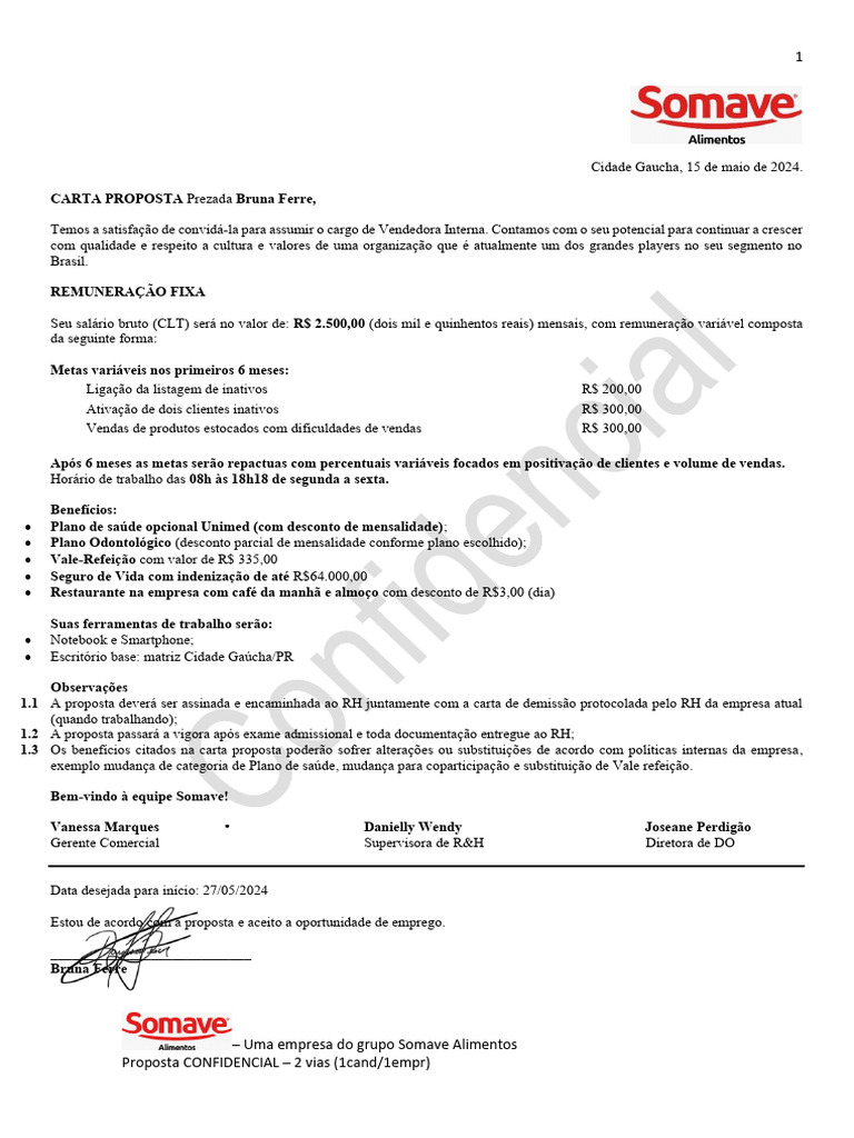 Modelo - Carta Proposta - Bruna | PDF | Economias