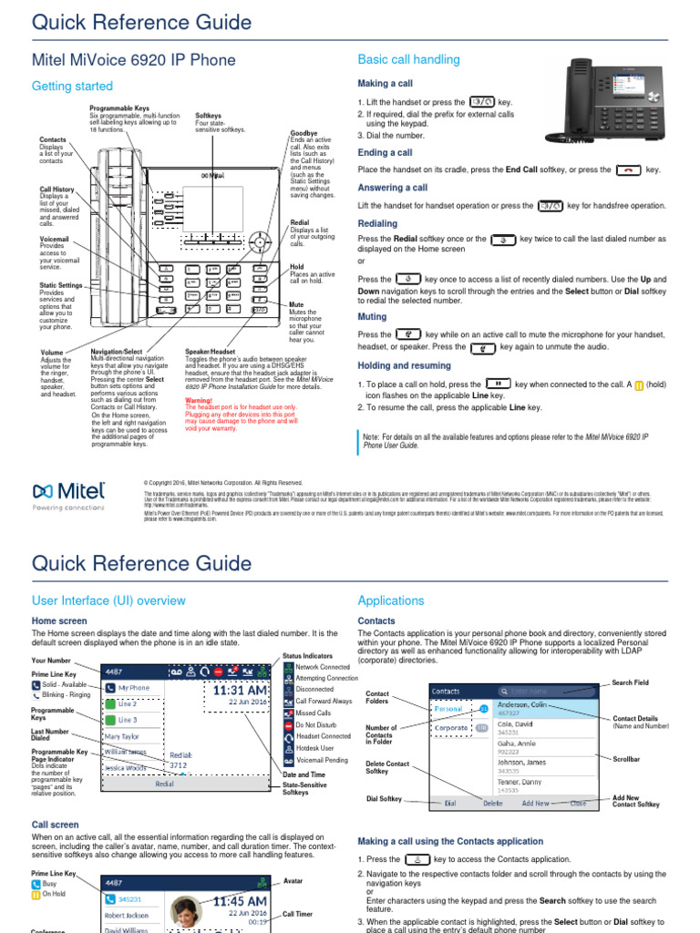 Mitel_6920_QuickReferenceGuide | Download Free PDF | Telephone | Trademark